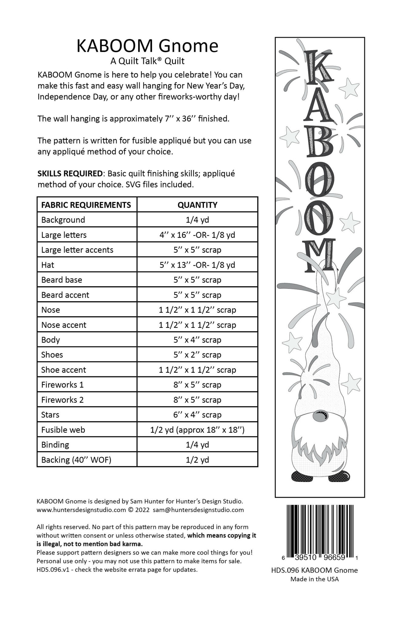 KABOOM Gnome - PDF, A Quilt Talk® Pattern - Hunter's Design Studio