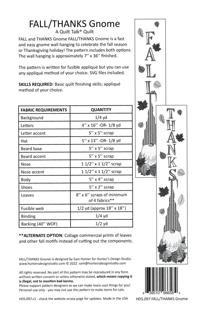 FALL Gnome - PDF, A Quilt Talk® Pattern - Hunter's Design Studio