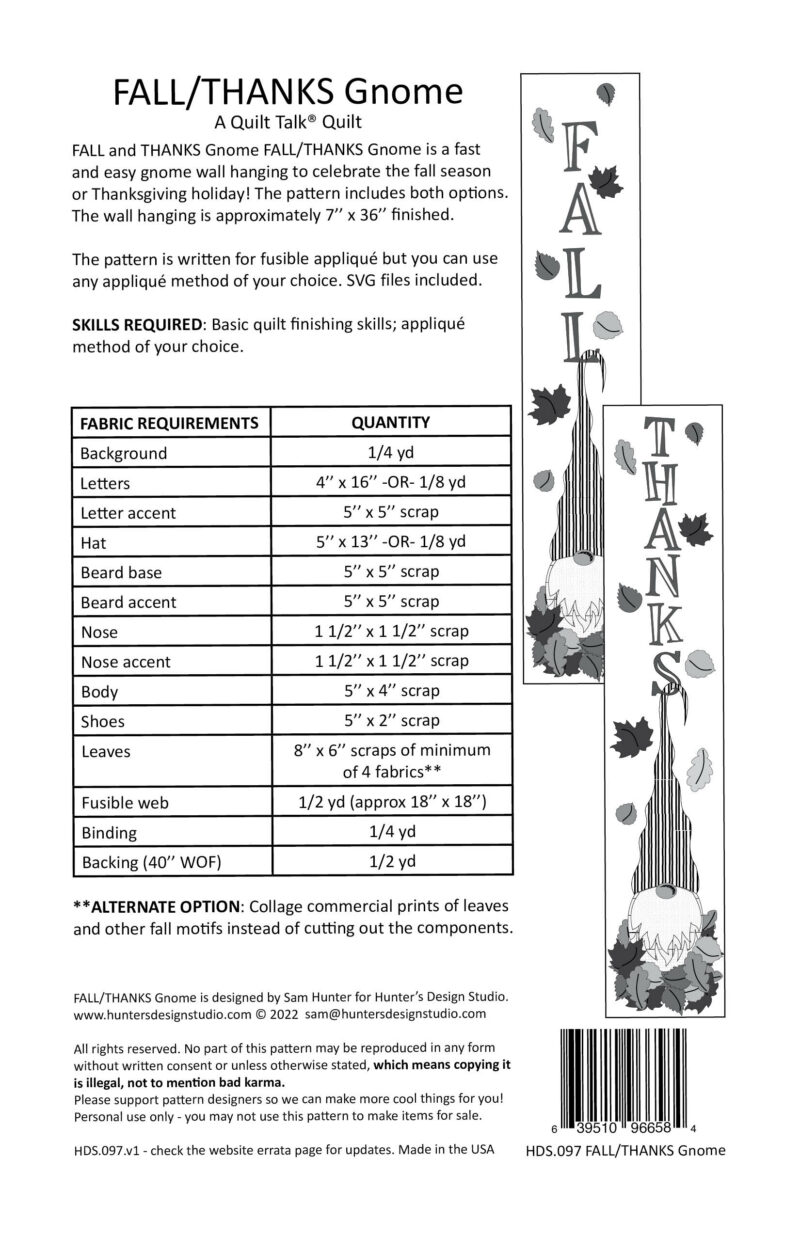 FALL Gnome - PDF, A Quilt Talk® Pattern - Hunter's Design Studio