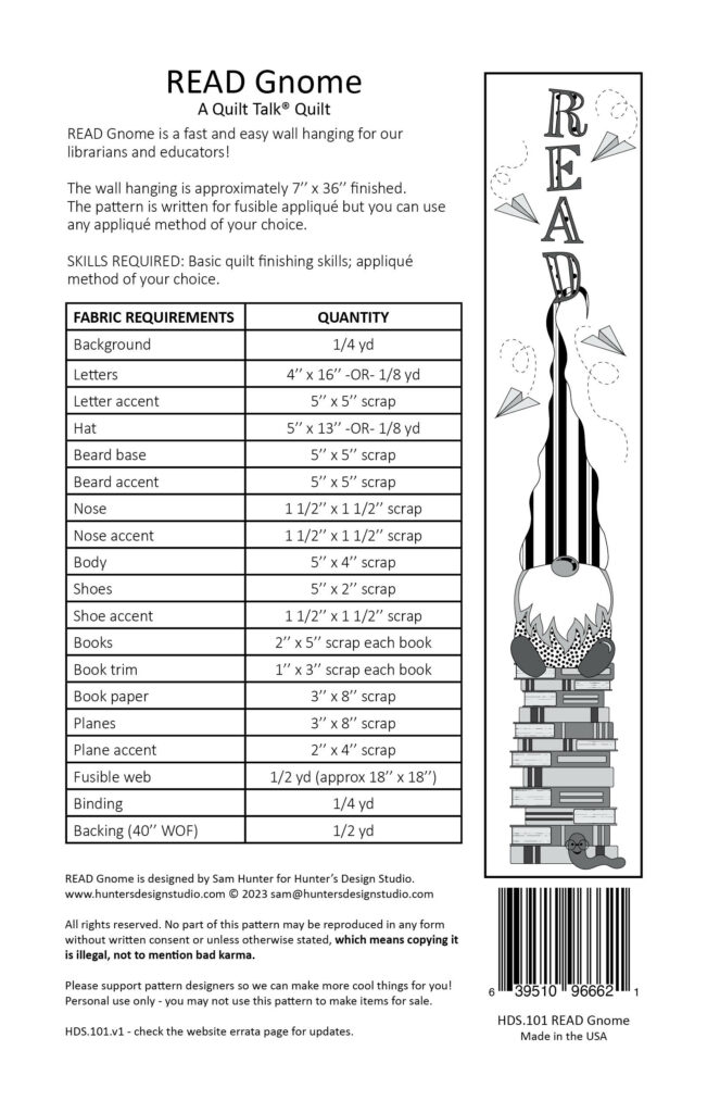 READ Gnome - PDF, A Quilt Talk® Pattern - Hunter's Design Studio